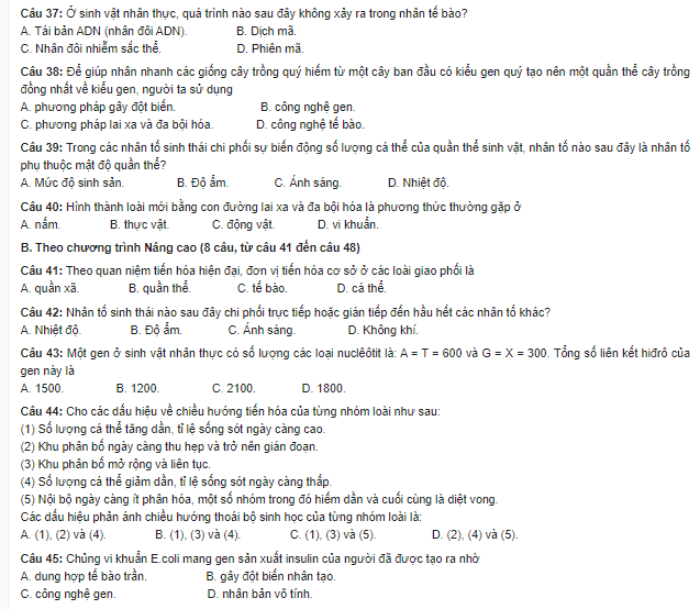 Đề thi môn Sinh Học năm 2011 kỳ thi tốt nghiệp THPT