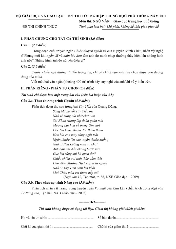 Đề thi môn Ngữ Văn kỳ thi tốt nghiệp THPT năm 2011